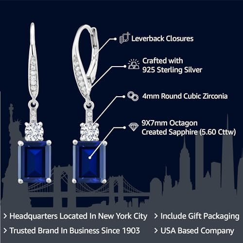 Gem Stone King 925 Sterling Silver Blue Created Sapphire Dangle Earrings For Women (5.40 Cttw, Gemstone September Birthstone, Octagon 9X7MM)