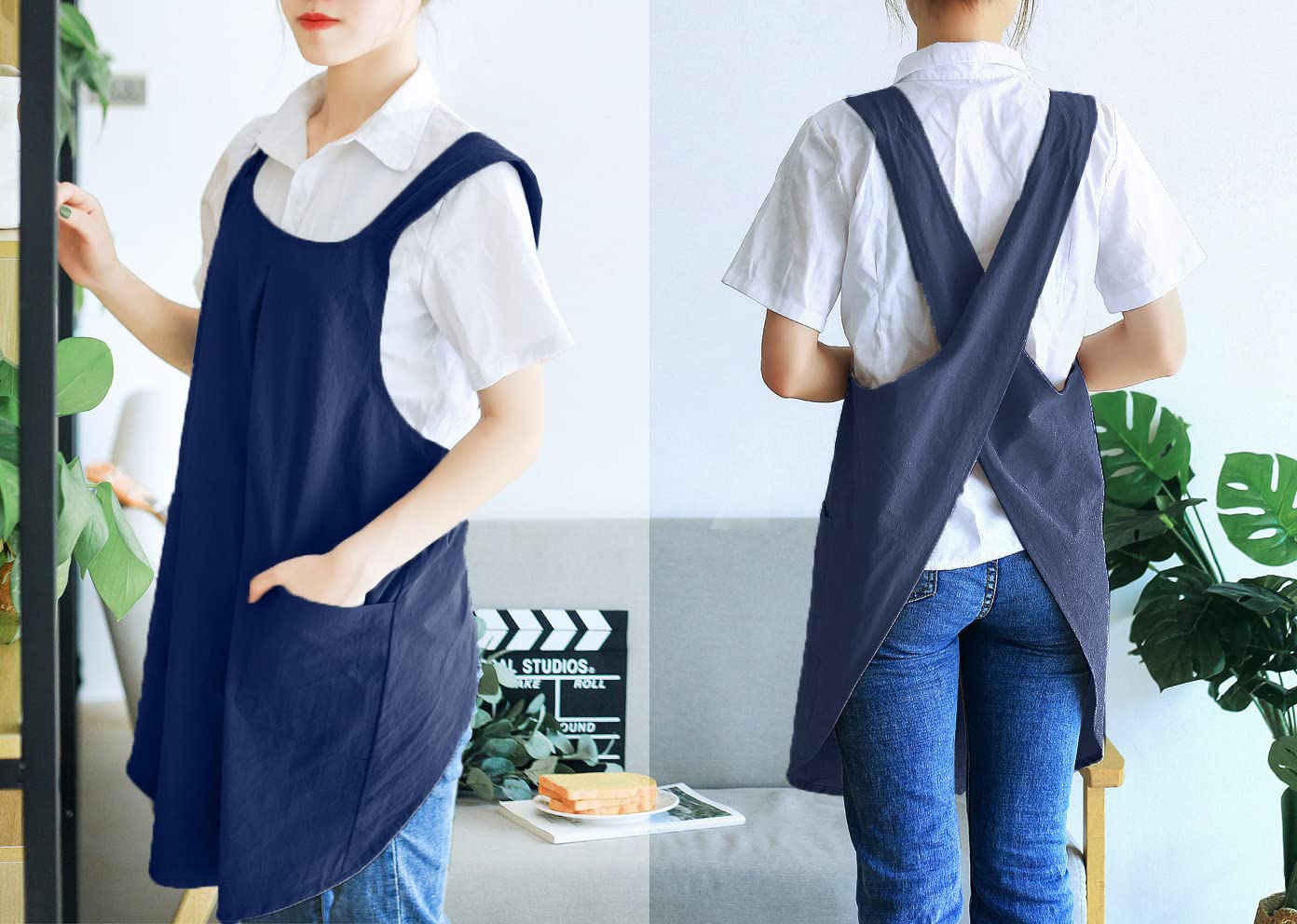 losofar Soft Cotton Linen Apron Cross Back X-Shaped Japanese Style Pinafore Dress for Cooking, Housewarming, Daily Chores (darkblue, (28.3"x 35.4"))