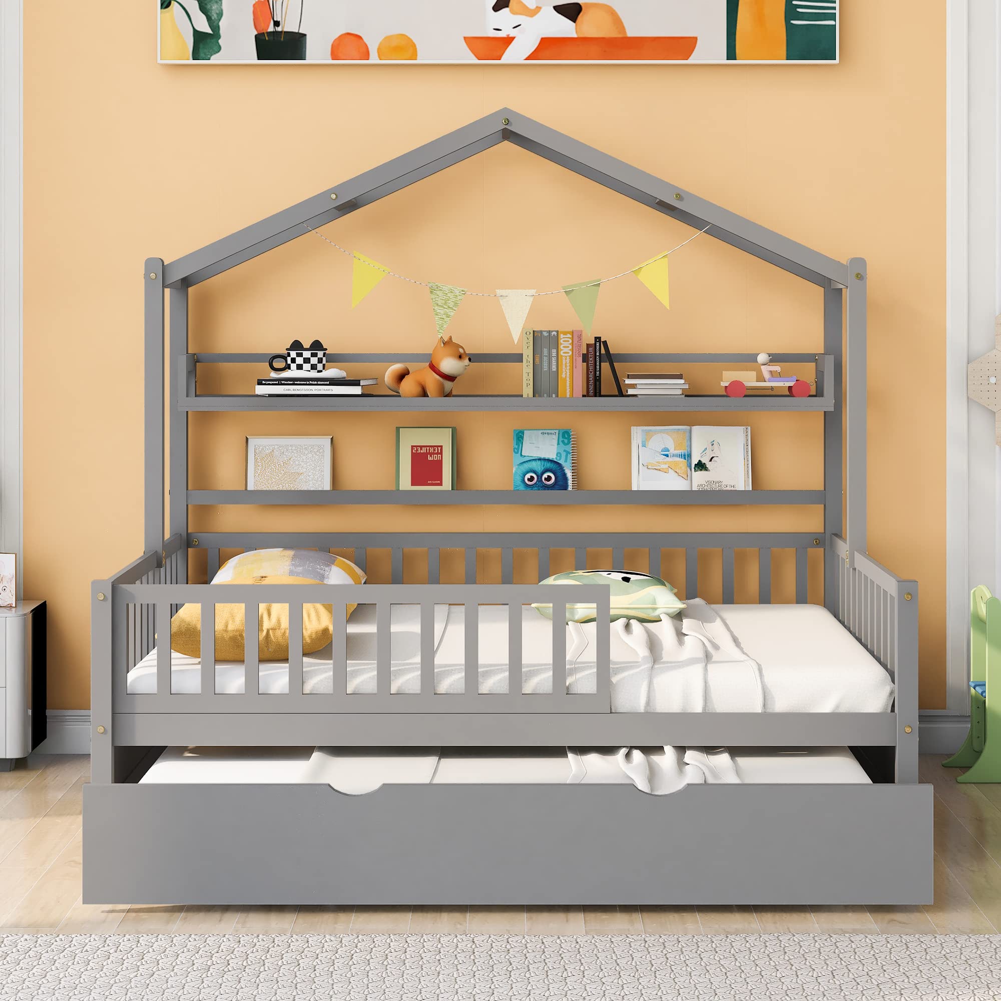 P PURLOVE Full Size House Bed Frame with Trundle,Montessori Bed Frame for Kids,Kids House Bed Frame with Shelf for,Full Size Daybed with Trundle with Slat,No Box Spring Need,Gray