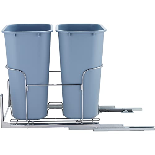 VEVOR Pull-Out Trash Can, 37Qt Double Bins, Under Mount Kitchen Waste Container with Soft-Close Slides, 44 lbs Load Capacity & Door-Mounted Brackets, Garbage Recycling Bin for Kitchen Cabinet, Grey