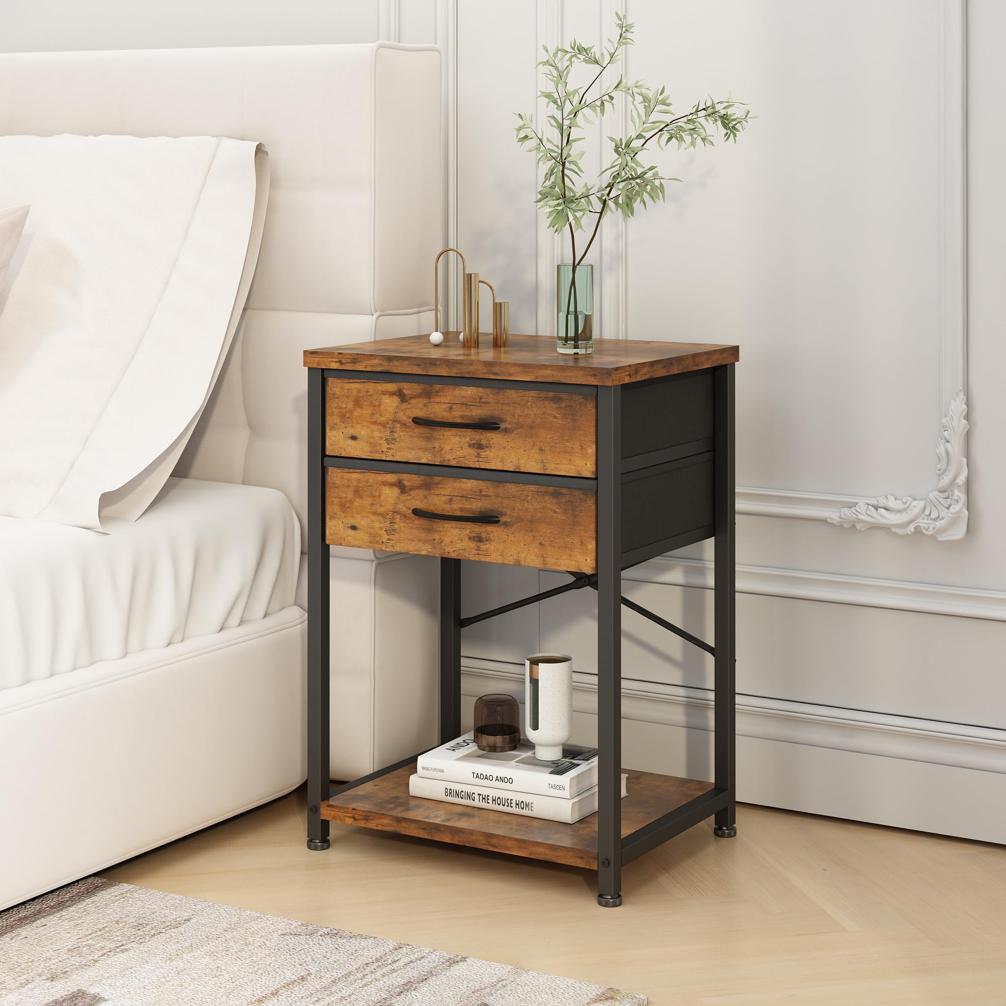 TigerDad Tall Nightstand with 2 Fabric Drawers, End Table with Storage Shelves, Bedside Table for Bedroom, Living Room, Small Space, Set of 2, Rustic Brown