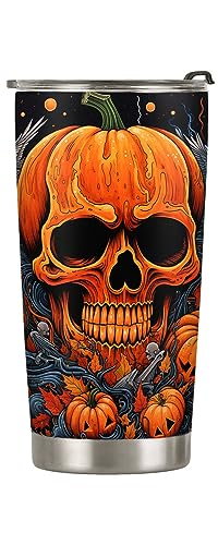 ORCAE 20oz Halloween Tumbler, Skull Tumbler, Halloween Pumpkin Skull Tumbler Cup, Insulated Travel Mug with Lid, Coffee Thermos for Men, Women, Halloween Gifts - D