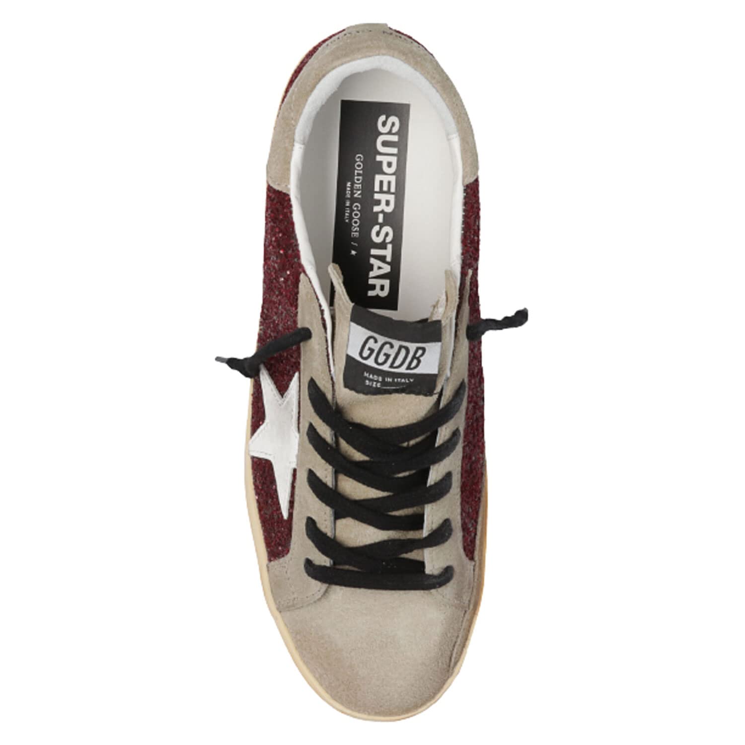 Golden Goose Super-Star Glitter Upper Suede Toe and Heel Leather Star Womens Distressed Sneakers-40 Maroon