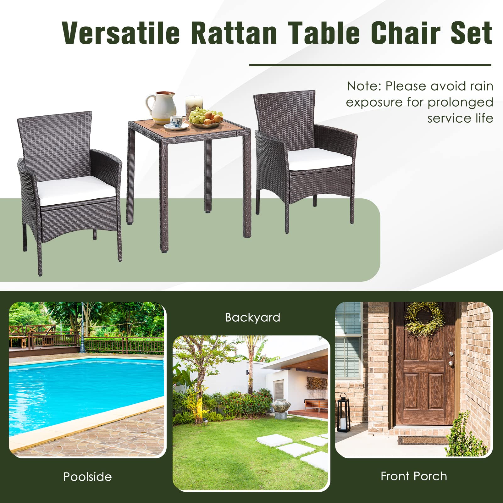 Tangkula 3 Pieces Patio Furniture Set, Outdoor Mix Brown Wicker Dining Set w/Acacia Wood Top Table, Comfortable Cushioned Chairs, Space-Saving Rattan Conversation Set for Garden, Backyard, Porch
