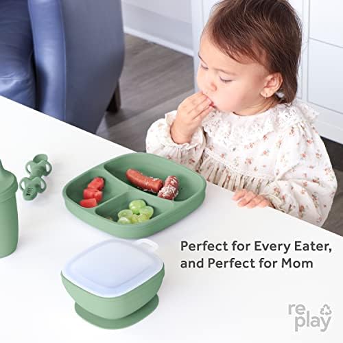 Re-Play Sustainables Silicone Suction Divided Plate with Press In Compartment Lid - Made with Medical-Grade Platinum Silicone - With Lid - Sage