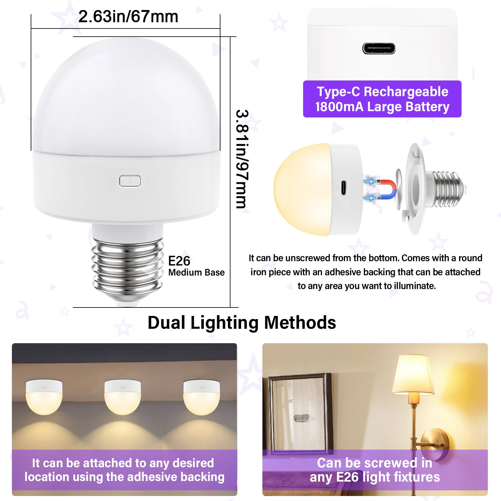 Rechargeable Light Bulbs with Remote,350LM Detachable E26 Battery Operated Light Bulb with Dimmable&Timer&15 Colors Selectable,Wireless Puck Emergency Lamp for Wall Sconce,Non-Hardwired,2-Pack