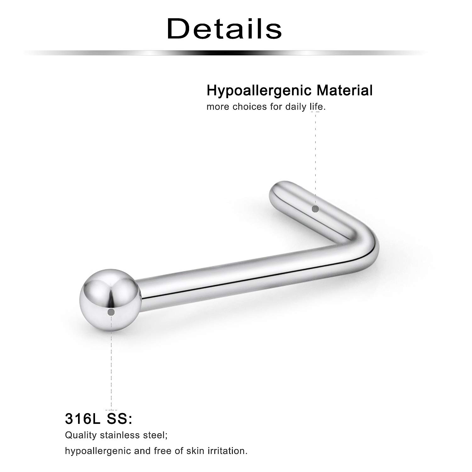 Ftovosyo L Shaped Nose Rings 22G Surgical Steel Nose Studs Clear Diamond CZ Curved Bend Piercing Jewelry 20 Pieces 1.5mm