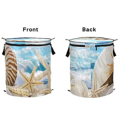 pnyoin 50L Large Popup Laundry Hamper Round with Zipper Lid Reinforced Handles Portable Collapsible Basket for Kids Room College Dorm Travel, Sunny Sky with Starfish