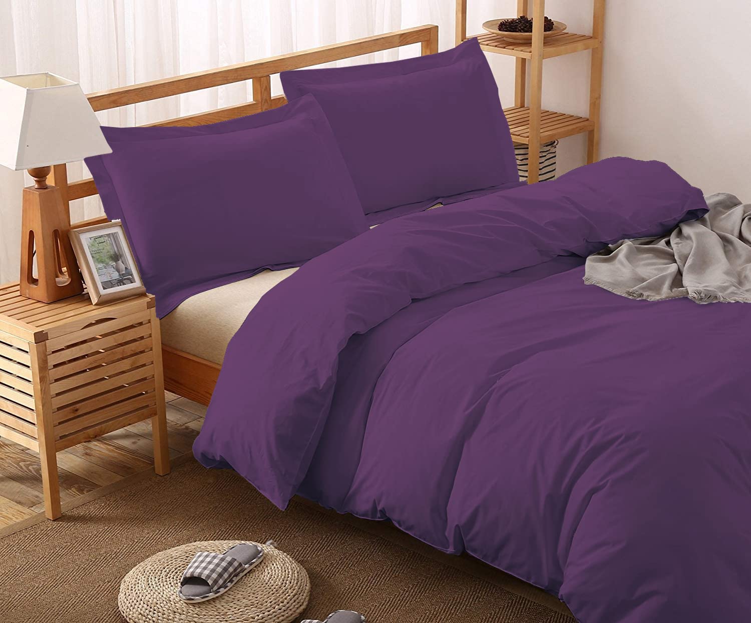 Velfont 3Pcs Duvet Cover Set 100% Egyptian Cotton 800 Thread Count Duvet Cotton with Zipper Closure & Corner Ties, Super King Size (116" x 98") Inch, Plum Solid
