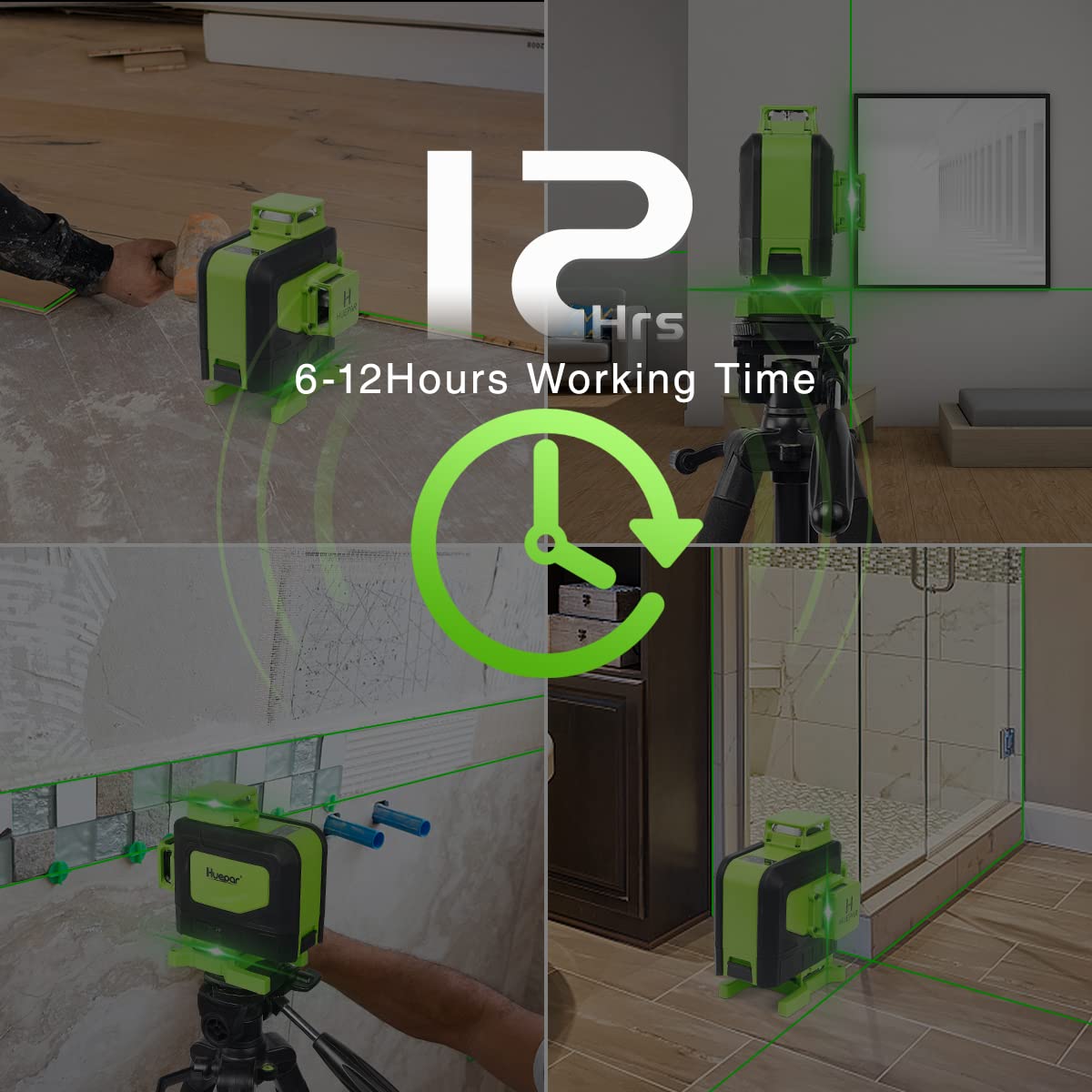 Laser Level Self-leveling Huepar 4x360 Green Cross Line Floor Laser Tool with Remote Control -2 x 360 Horizontal/Vertical Lines Nivel láser with Rechargeable Li-ion Battery & magnetic Bracket-904DG