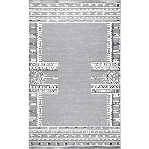 nuLOOM Joelle Machine Washable Tribal Geometric Border Ultra Thin Area Rug, 8' x 10', Light Grey