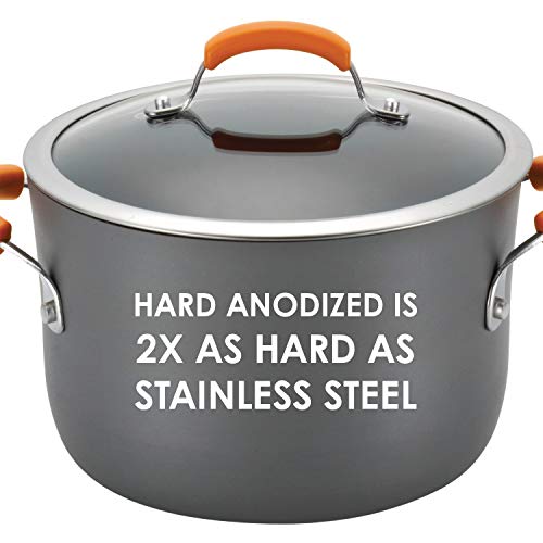 Rachael Ray Brights Hard-Anodized Aluminum Nonstick Cookware Set with Glass Lids, 10-Piece Pot and Pan Set, Gray with Orange Handles