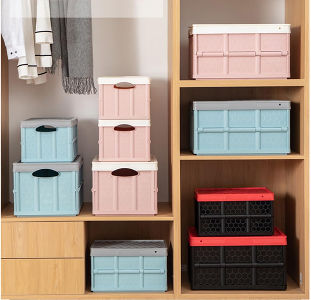 Radefasun Foldable Storage Bins with Lids and Wheel Plastic Collapsible Storage Box Portable Stackable Grocery Books Container Folding Latching Storage Crate for Indoor Outdoor (Pink, L)