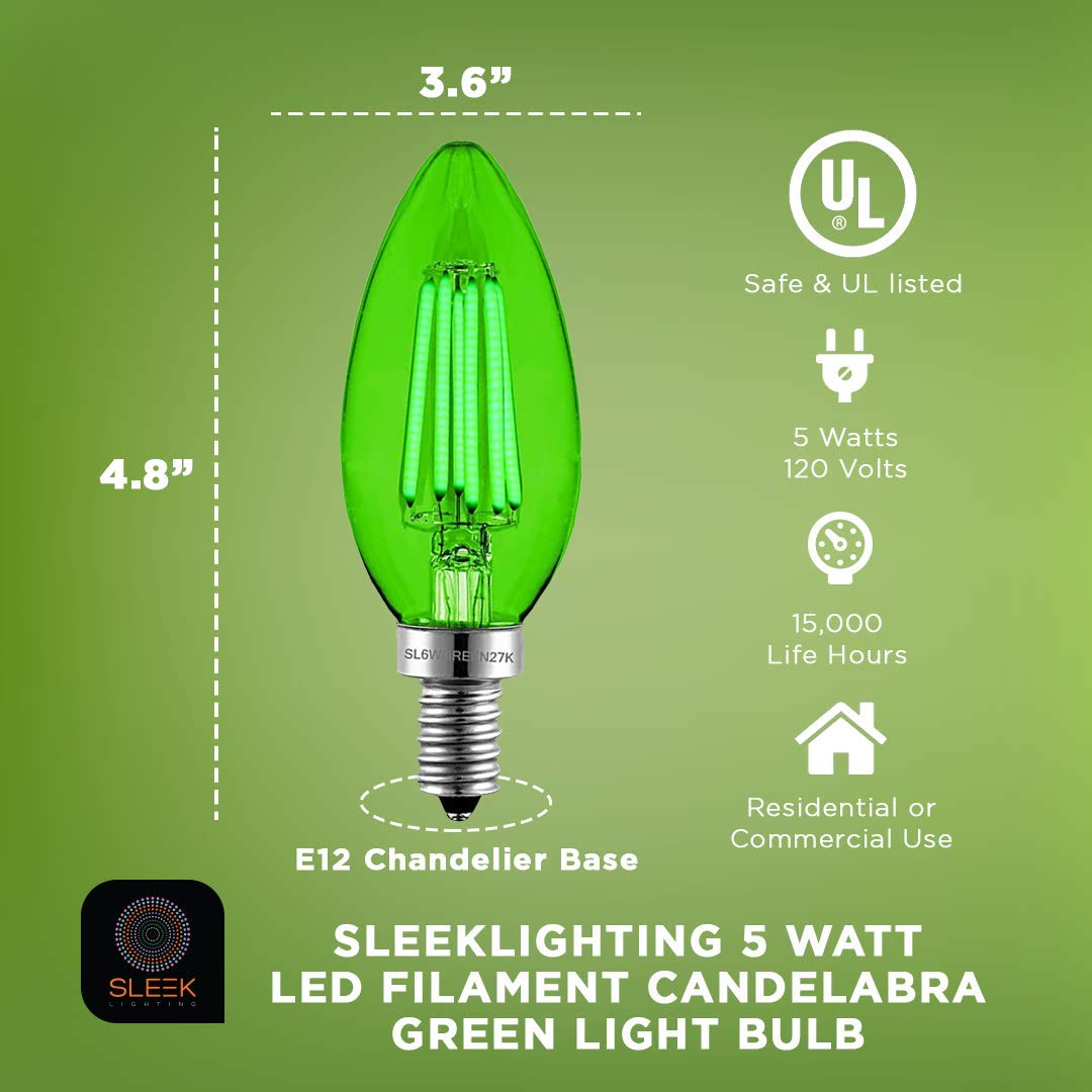 SLEEKLIGHTING 5Watt E12 LED Filament Candelabra Green Light Bulb, (60W Incandescent Replacement) Chandelier Torpedo Tip, Clear Glass Cover E12 Base 4 Pack