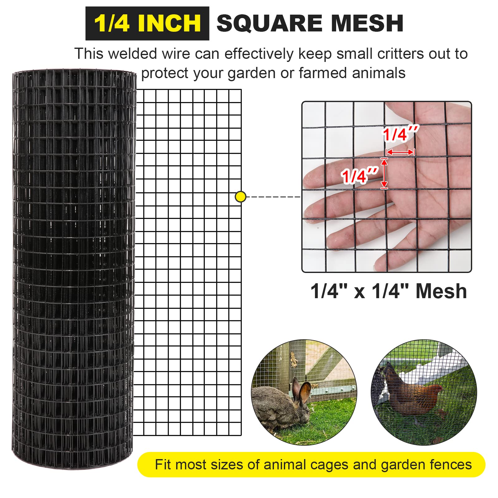 forimo 24'' x 50' 1/4inch Hardware Cloth 19 Gauge Black Vinyl Coated Welded Fence Mesh for Home and Garden Fence and Home