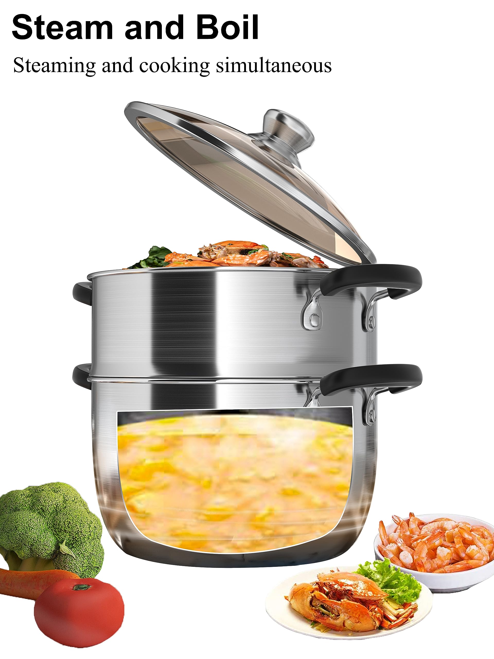 VENTION Small Vegetable Steamer 10.2 Inch, 5-Ply Thick Stainless Steel Steamer for Cooking, 5.8 QT Stove Top Steamer Pot, Steam Pot