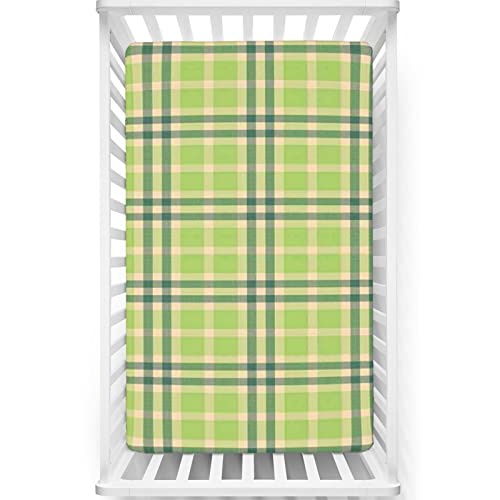 Plaid Themed Fitted Mini Crib Sheets,Portable Mini Crib Sheets Toddler Bed Mattress Sheets-Great for Boy or Girl Room or Nursery,24â x38â,Beige Green Hunter Green