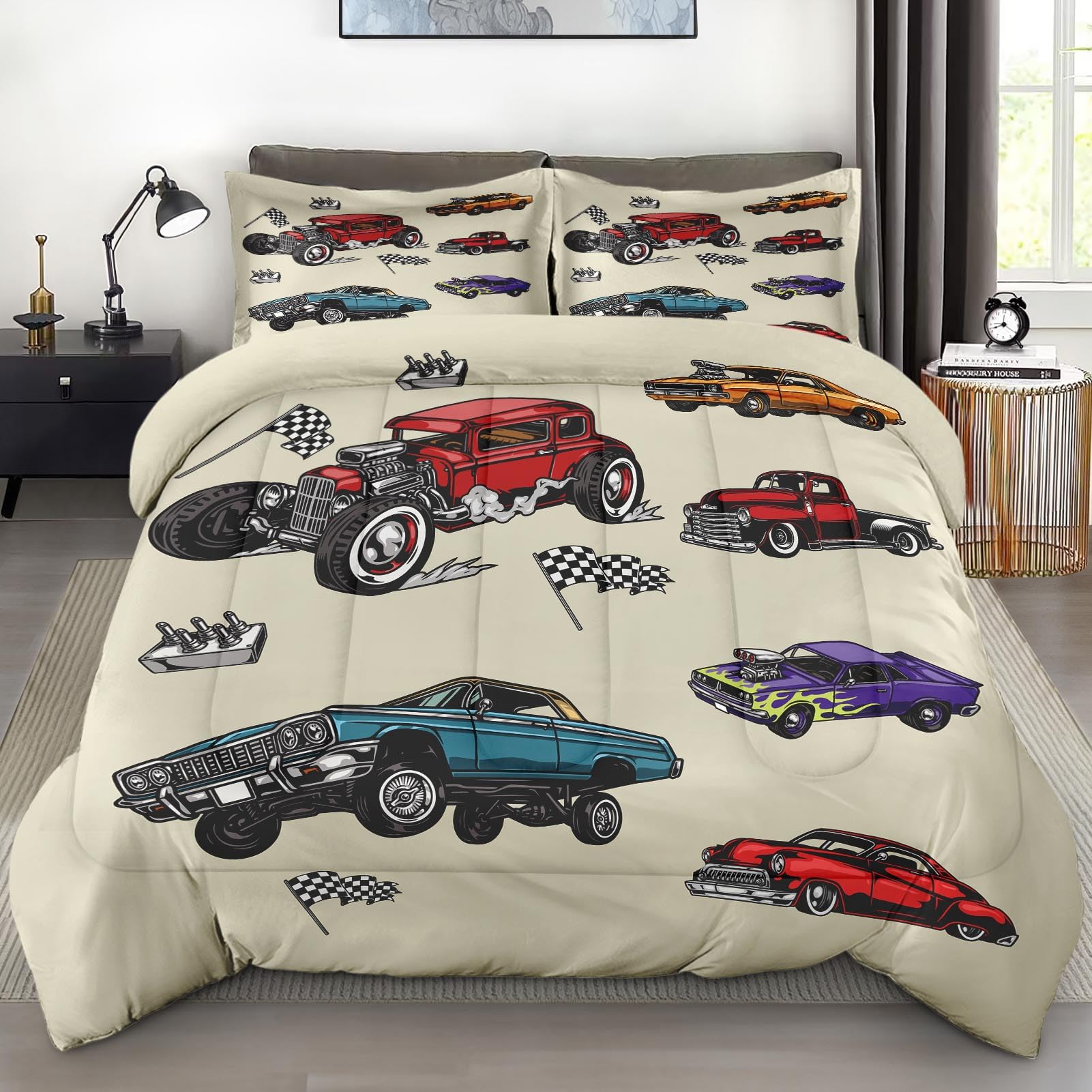 Pamnest Comforter Set Twin Size, Car Colorful Vintage Soft 2 Pcs Bedding Set for Kids and Adults, Retro Truck American Flag Comforter Set with Pillowcase, for Bedroom Bed Decor