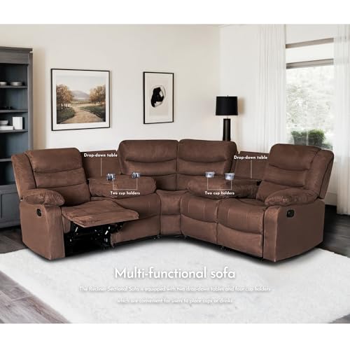 Recliner Sectional Sofa, Microfiber Manual Reclining Sectional Couch with Cup Holders, Living Room/Office (Brown)