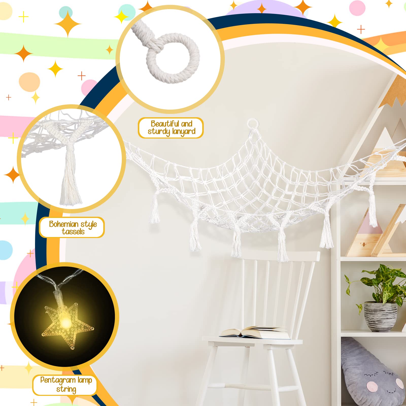 Nuogo 2 Pieces Stuffed Animal Hammock Net Macrame Boho Animal Toy Hammock Stuffed Animal Hammock Corner Holder Hanging Stuffed