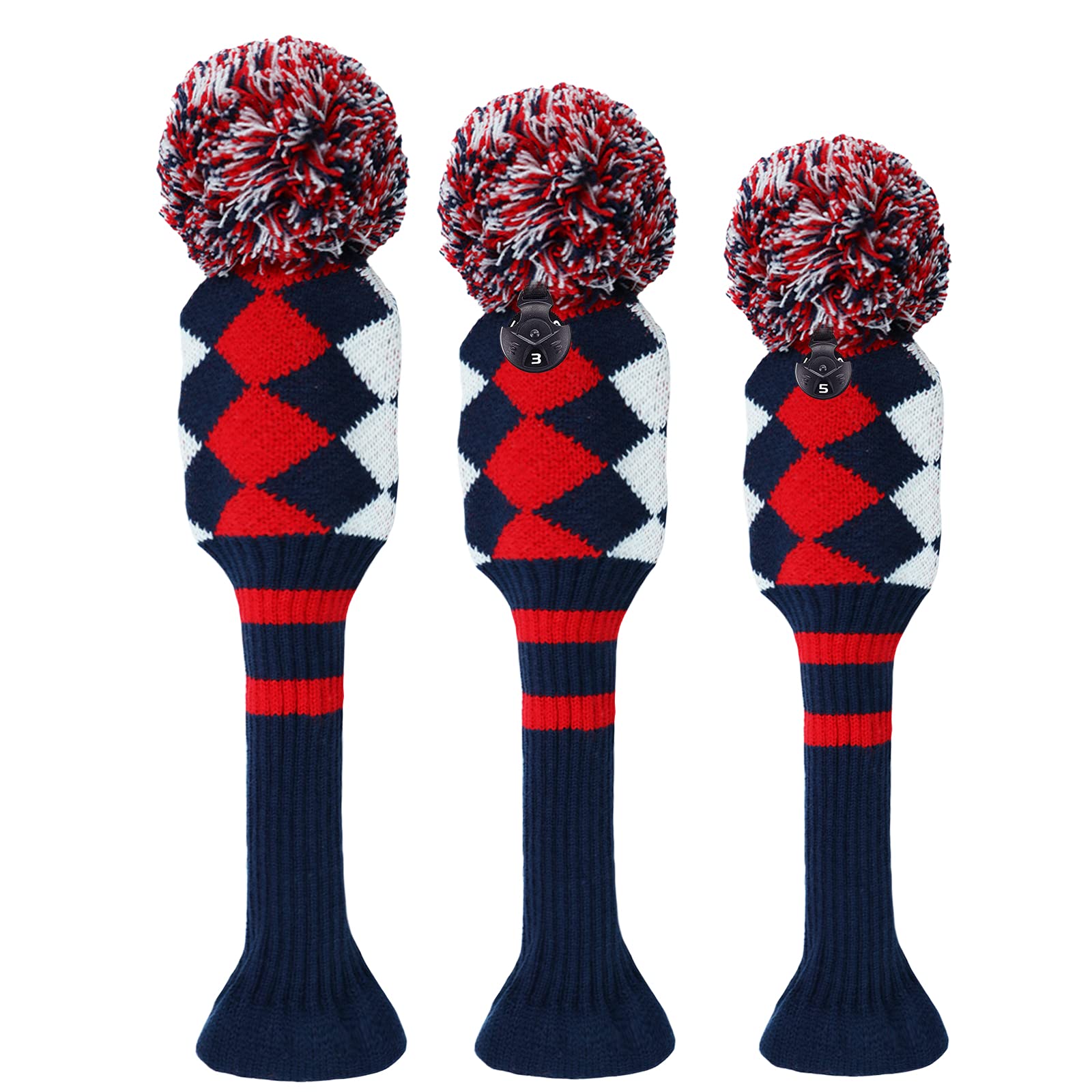 Golf Club Head Covers for Woods and Driver Fairway Hybrids Knit Set of 3 or 4 with Number Tag Pom Pom Clubs Headcovers for Men Women (3 Pack-Navy Blue&Red&White Argyles)
