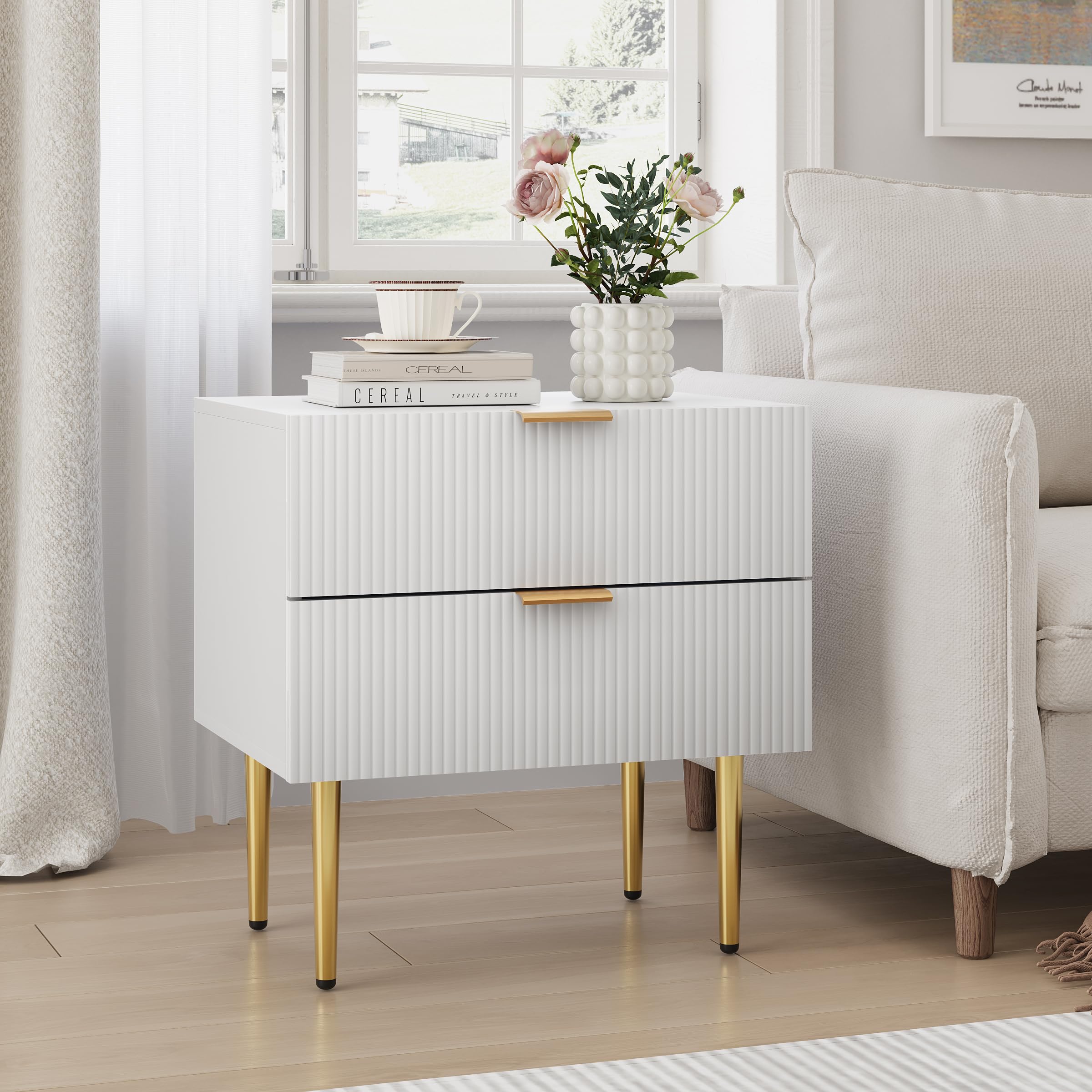 Semiocthome White Nightstand, Mid Century Modern Night Stand with 2 Wave Fluted Panel Drawers, Bedside Table with Gold Metal Legs, Bedroom Set Wide Tabletop Bed Side Table, End Tables for Living Room