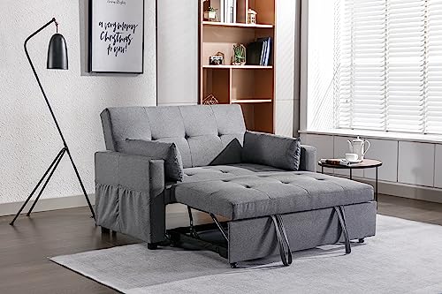 Polibi 55.1" Modern 3-in-1Ā Convertible Sleeper Sofa Bed w/Side Pockets, Linen Upholstered Pull Out Sofa Bed Couch with 3 Adjustable Angle Backrest and Two Throw Pillows (Dark Grey)
