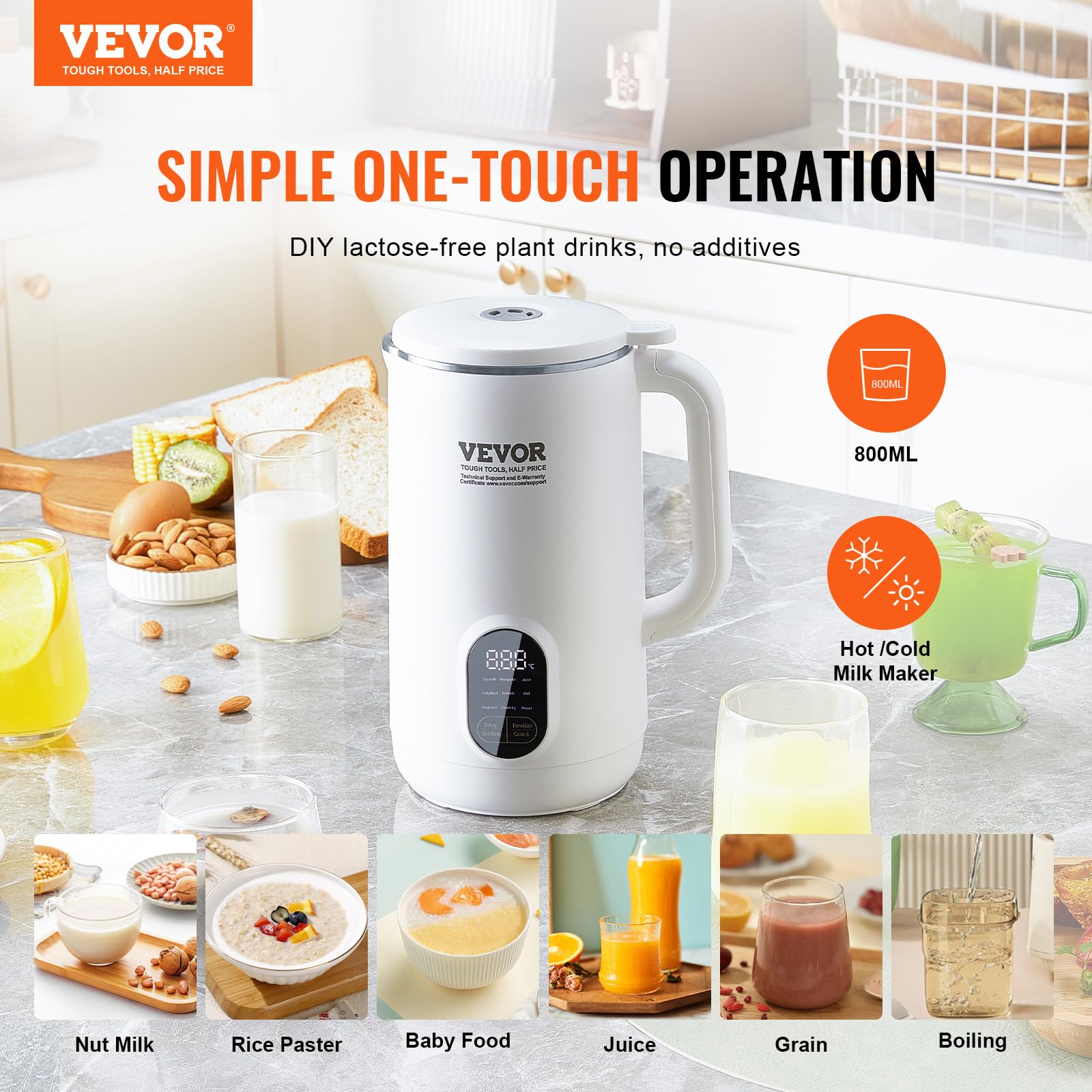 VEVOR Nut Milk Maker, 9-in-1 Soy Milk Maker with 12-Leaf Blades, 800ml/27oz Automatic Plant Based Soy/Oat Milk Maker with High Temperature Auto-Cleaning, 1-18 Hours Timer, Keep Warm, LCD Screen