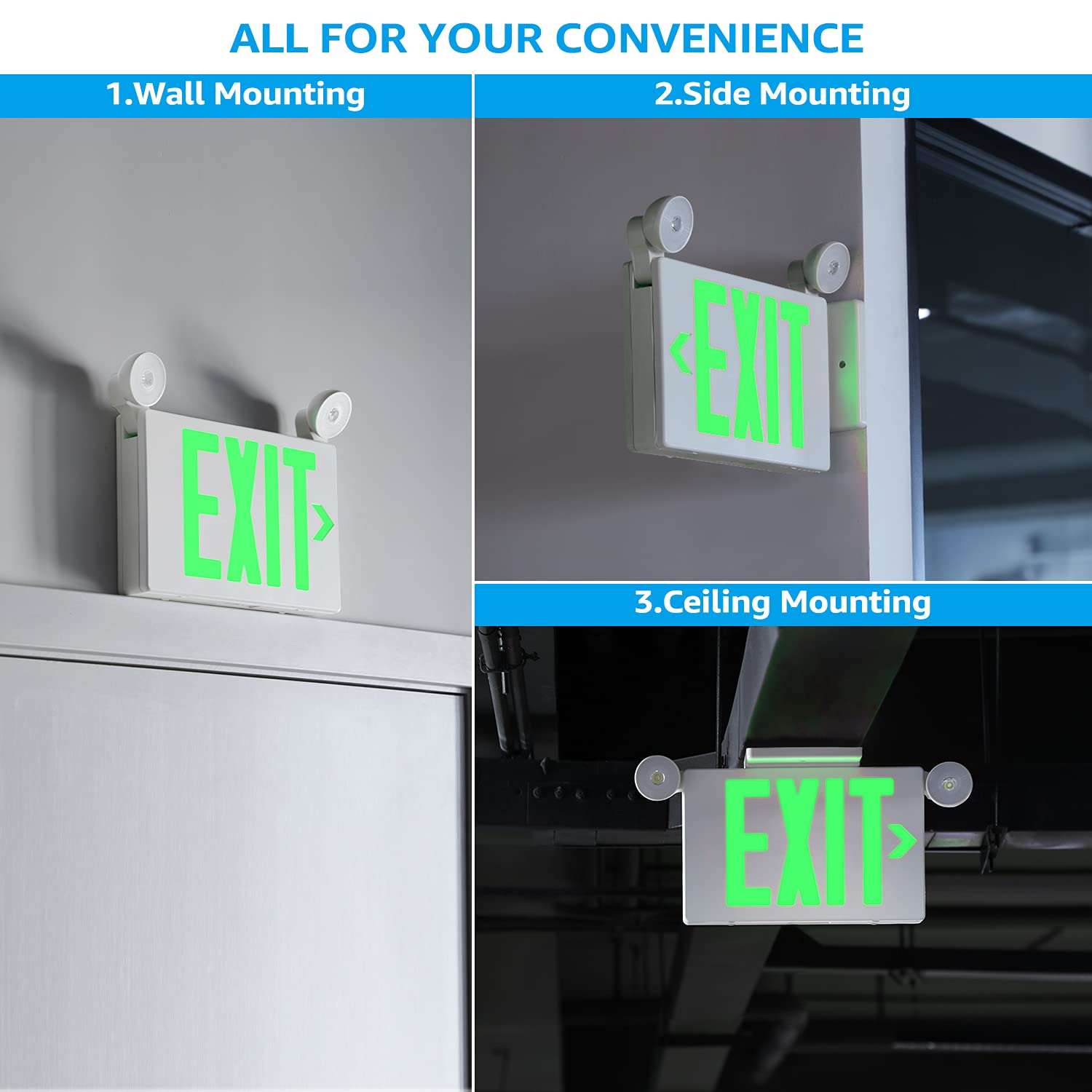 TORCHSTAR Green LED Exit Sign with Emergency Lights, UL 924, Emergency Exit Light with Battery Backup, Adjustable Heads, Fire Exit Sign with Lights, Double Face, AC 120/277V, Damp Location, Pack of 2