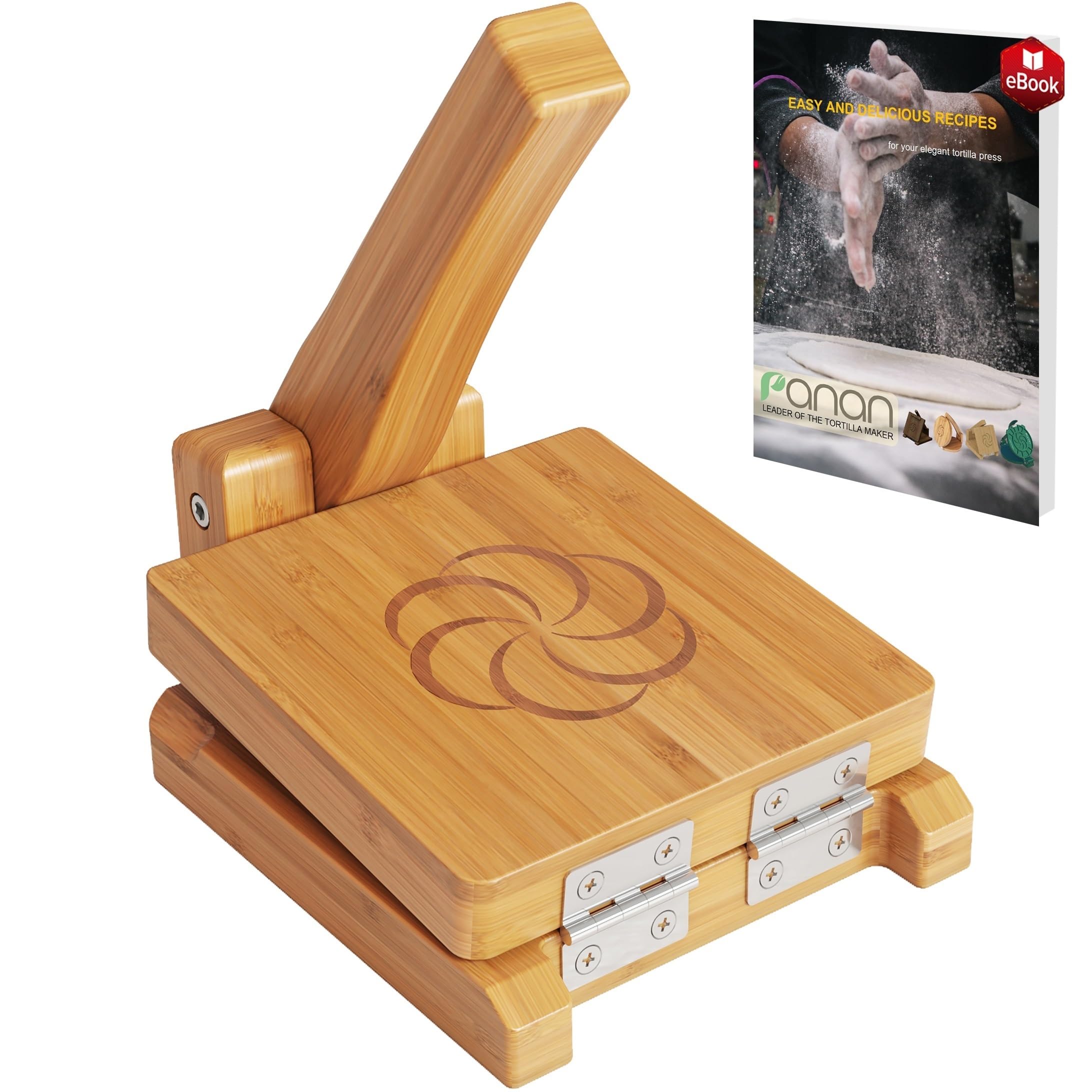 panan Wooden Tortilla Press Mexican Tortillera Presser Made from Natural Food-Grade Bamboo Wood Pataconera with Recipes eBook (Square 6")