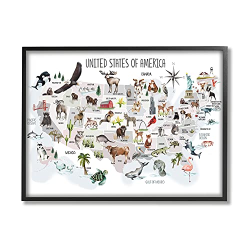 Stupell Industries United States of America Map of Animals Kid's Illustration, Designed by Studio Q Black Framed Wall Art, 11 x 14, Brown