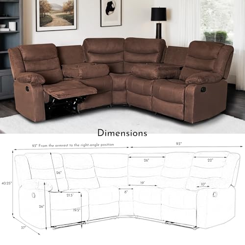 Recliner Sectional Sofa, Microfiber Manual Reclining Sectional Couch with Cup Holders, Living Room/Office (Brown)