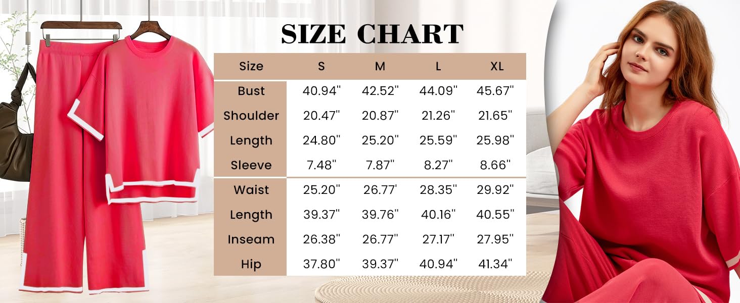 FuQiBasics Womens Knit 2 Piece Sweater Sets Short Sleeve Pullover Tops Elastic Waist Wide Leg Pants Lounge Set (Rose Medium)