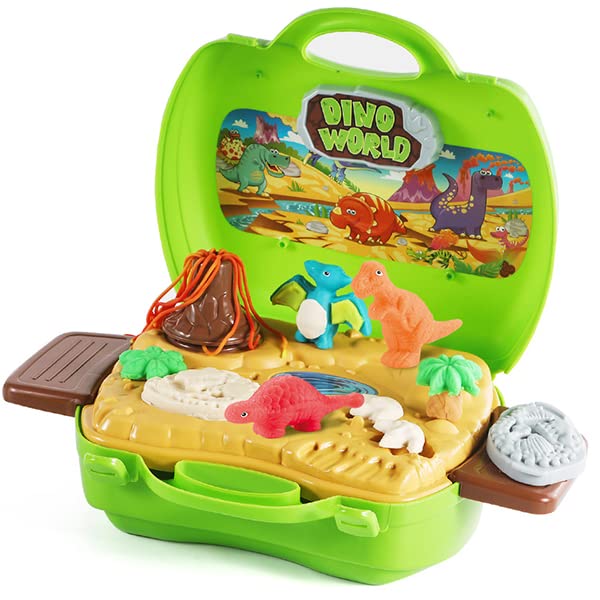 VConejo 2 in 1 Dinosaur Color Dough Toys, 37 Pieces Dino Theme Color Dough Tools and molds Accessories with Volcano and Fossils for Boys and Girls