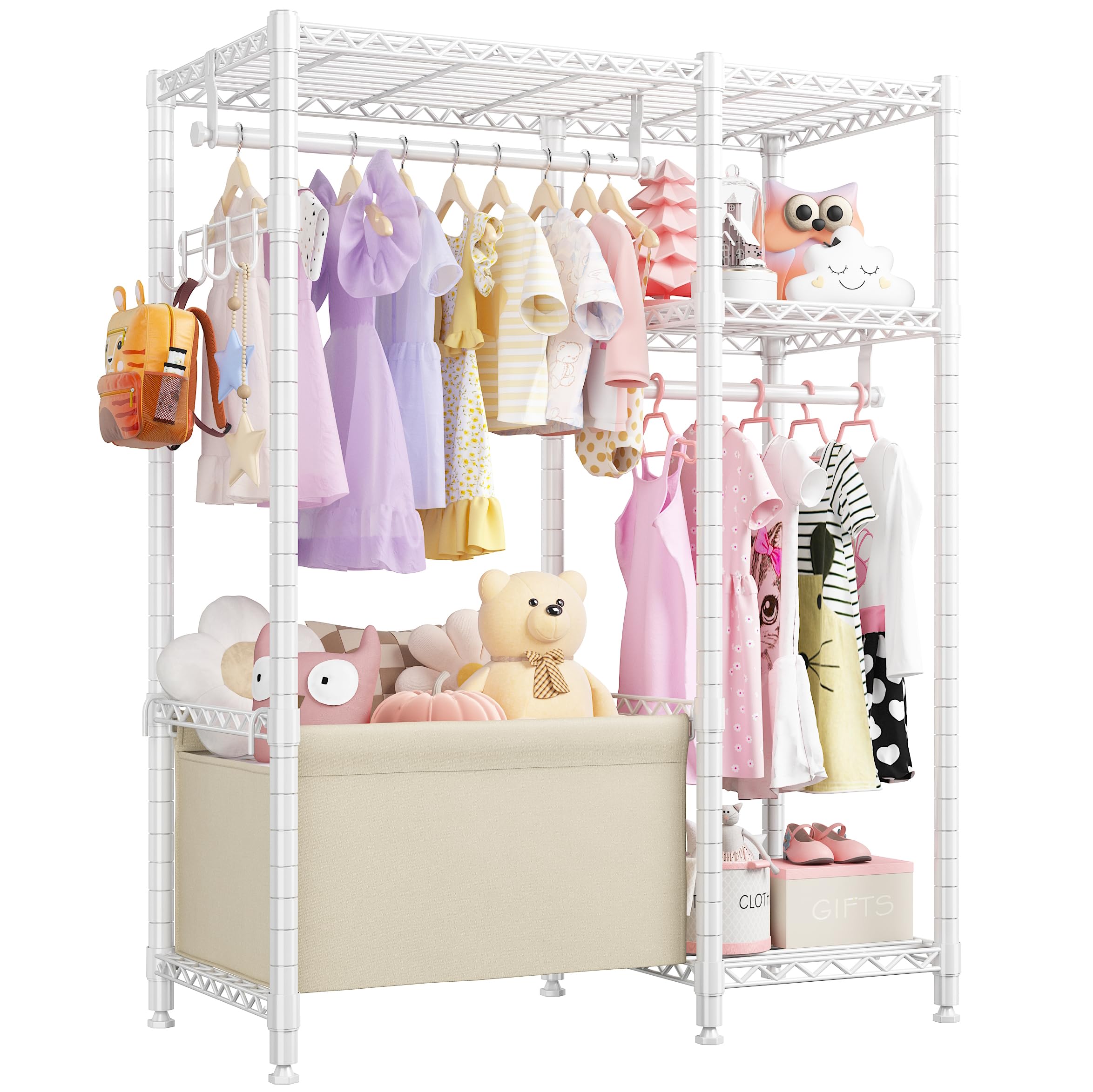 Raybee Small Clothes Rail for Bedroom, Clothes Rack with Storage Basket, Petite Portable Hanging Rails for Clothes with Shelves, 55.1" H * 37.8" W * 13.4" D, White