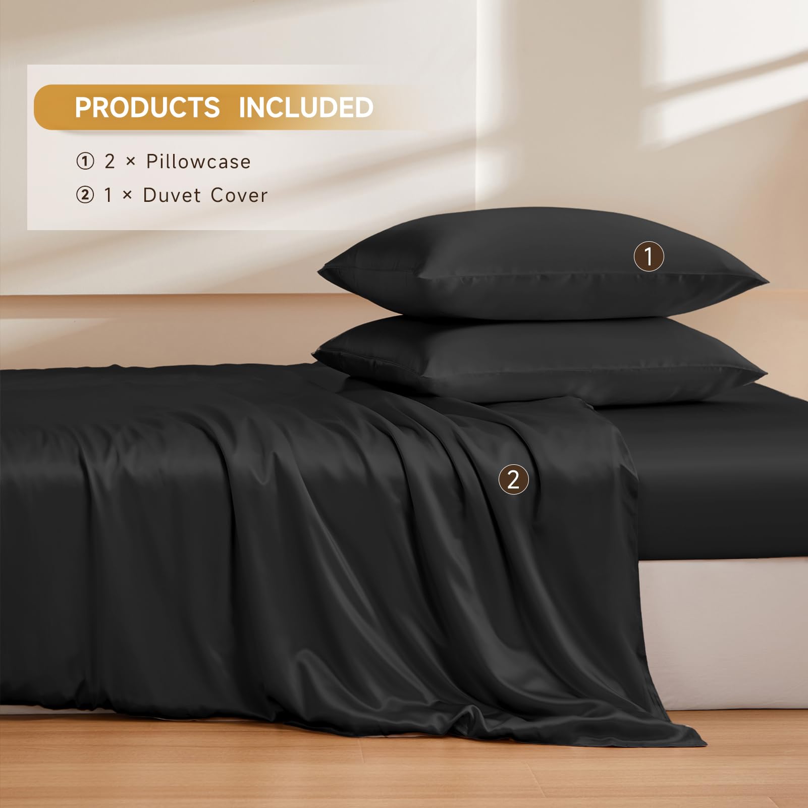 THXSILK 100% Pure Mulberry Silk Duvet Cover Set 3 Piece, 6A+ Grade Luxury Soft Bedding Silk Sheets for Hair and Skin, 1 Pcs Duvet/Quilt/Comforter Cover with 2 Zippered Pillowcases (Black, King)