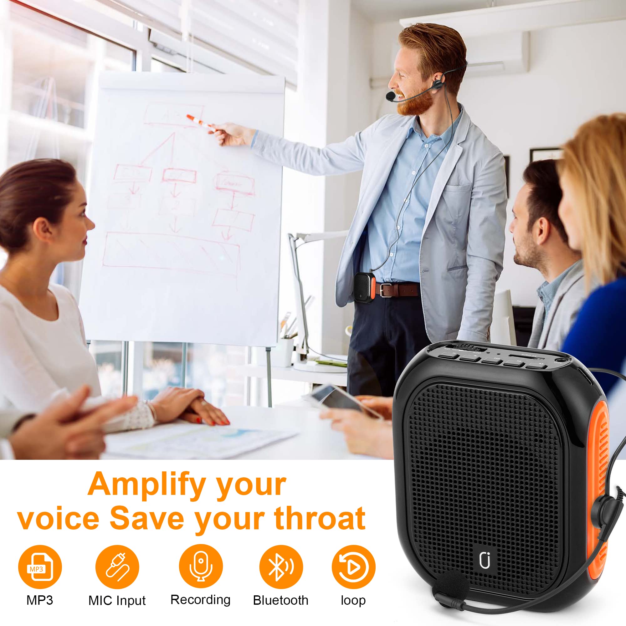 JYX Portable Voice Amplifier for Teacher with Wireless Microphone Headset and waistband,Rechargeable PA System Support MP3,AUX in,REC for Teaching,Meeting,Presentation