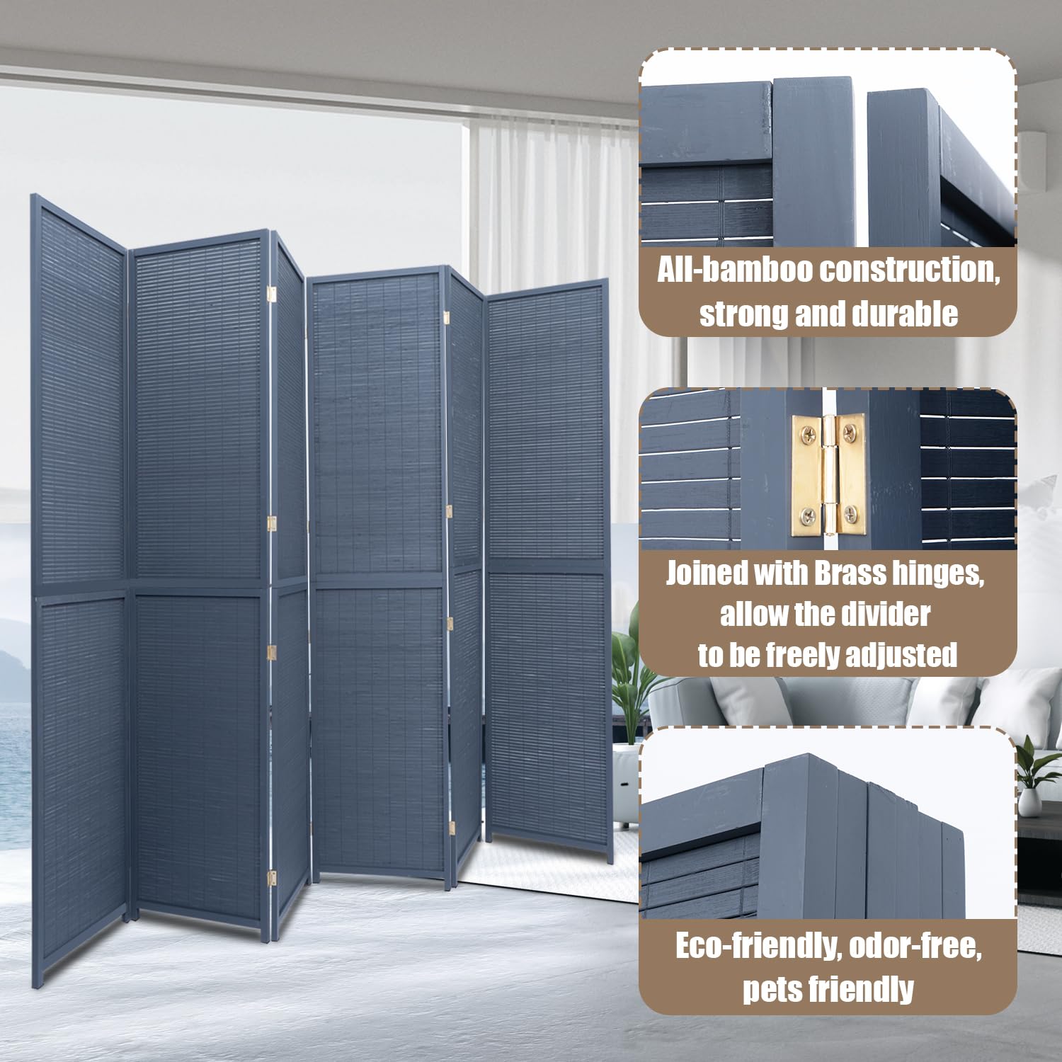 Room Divider Folding Privacy Screens, 6FT Bamboo Room Divider Wall Panel, Freestanding 2-in-1 Multifunction Partition Room Dividers for Room Separation 6 Panel Hand Made Mesh Woven Wall Divider Screen