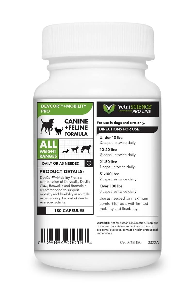 VetriScience DevCor + Mobility Pro - Supplement Supports Joint Health Maintenance for Dogs & Cats - Aids Against Joint Discomfort - Supplement Formula Aids Mobility & Flexibility - 180 Capsules