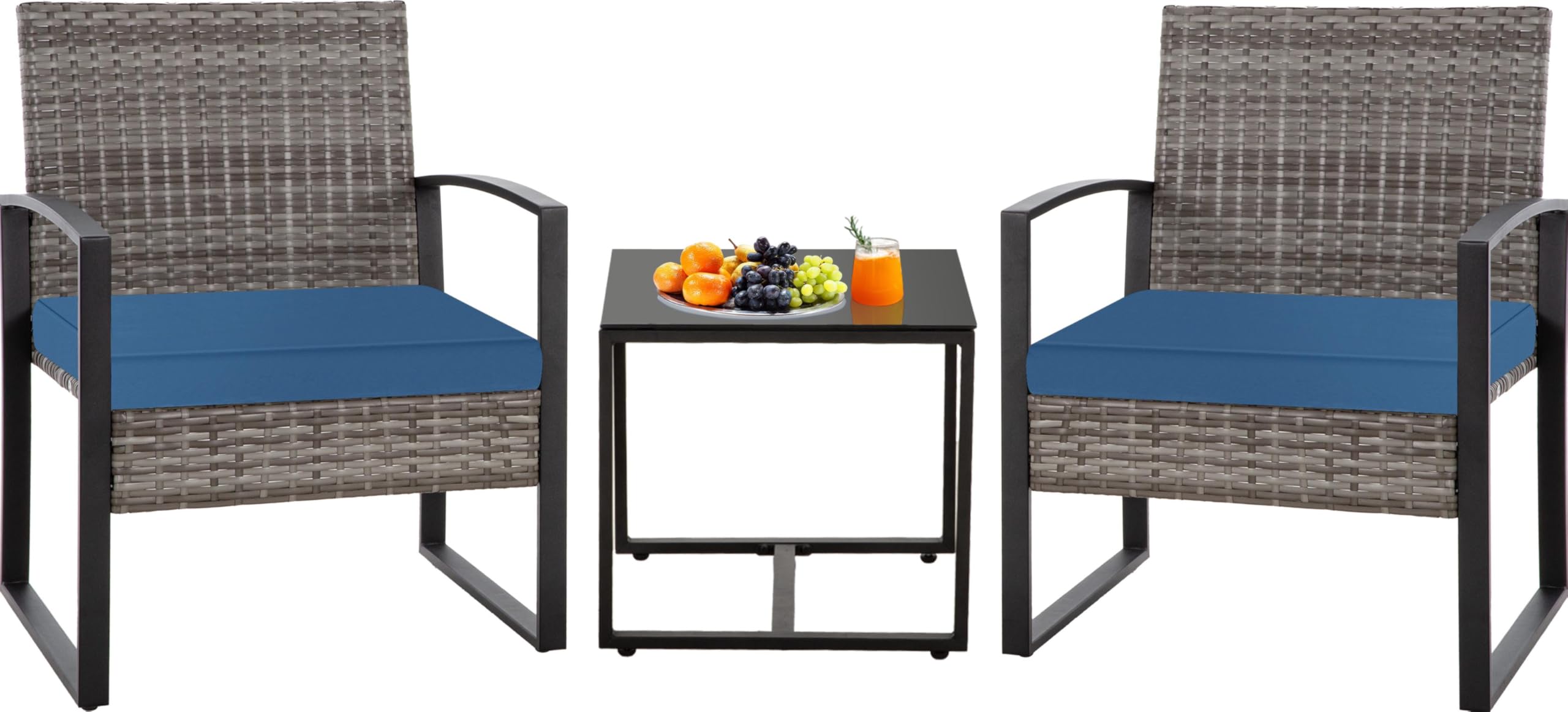 Seogwisam 3 Pieces Patio Furniture Set, Outdoor Wicker Conversation Bistro Set w/ 2 Chairs, 2 Cushions, Glass Coffee Table for Garden Balcony Backyard Porch Lawn - Grey Wicker & Blue Cushions