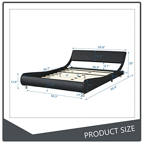 Queen Size Faux Leather Upholstered Platform Bed Frame with LED Lighting, Curve Design, Wood Slat Support, No Box Spring Required, Simple Assembly for Boys Girls Teenagers and Adults, Black+White