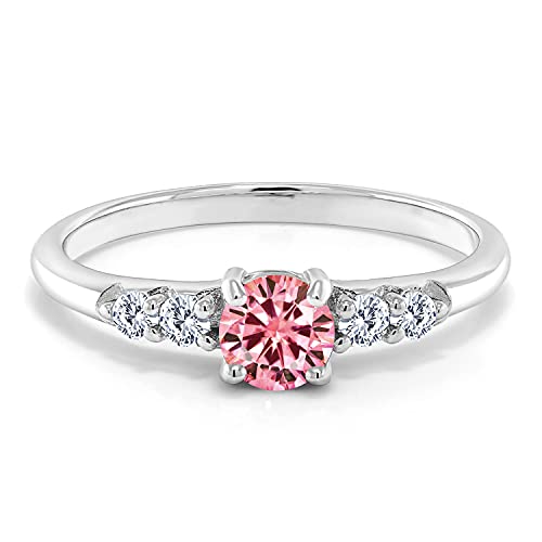 Gem Stone King 925 Sterling Silver 5MM Round Gemstone Birthstone and White Lab Grown Diamond Engagement Ring | Wedding Anniversary Promise Ring For Women | Available In Size 5, 6, 7, 8, 9