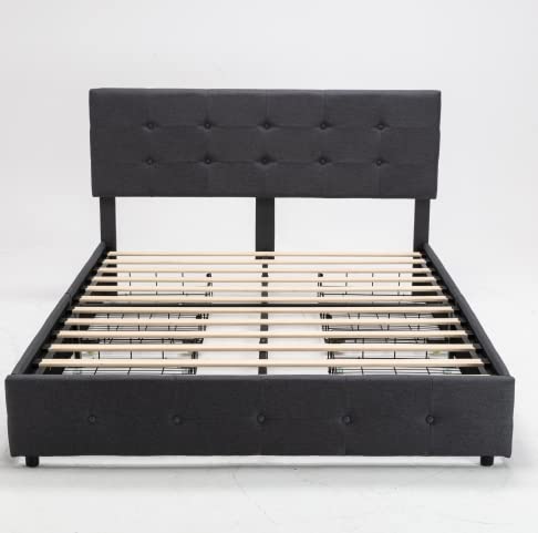 Squireewo Bed Frame with LED Lights & 4 Storage Drawers, Upholstered Platform Bed with Adjustable Headboard, No Box Spring Needed, Easy Assembly, Noise-Free (Dark Grey, Queen Bed)