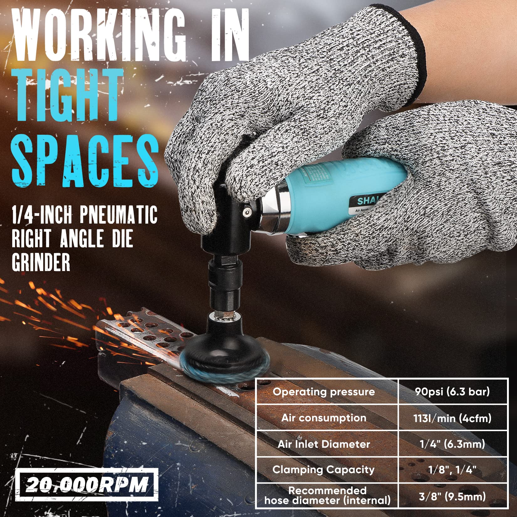 SHALL Air Die Grinder, 1/4" Pneumatic Right Angle Die Grinder, 1/4" & 1/8" Collets, Air Connector, Lubricant and Chuck Key Included, for Grinding, Polishing, Deburring, Engraving and Rust Removal