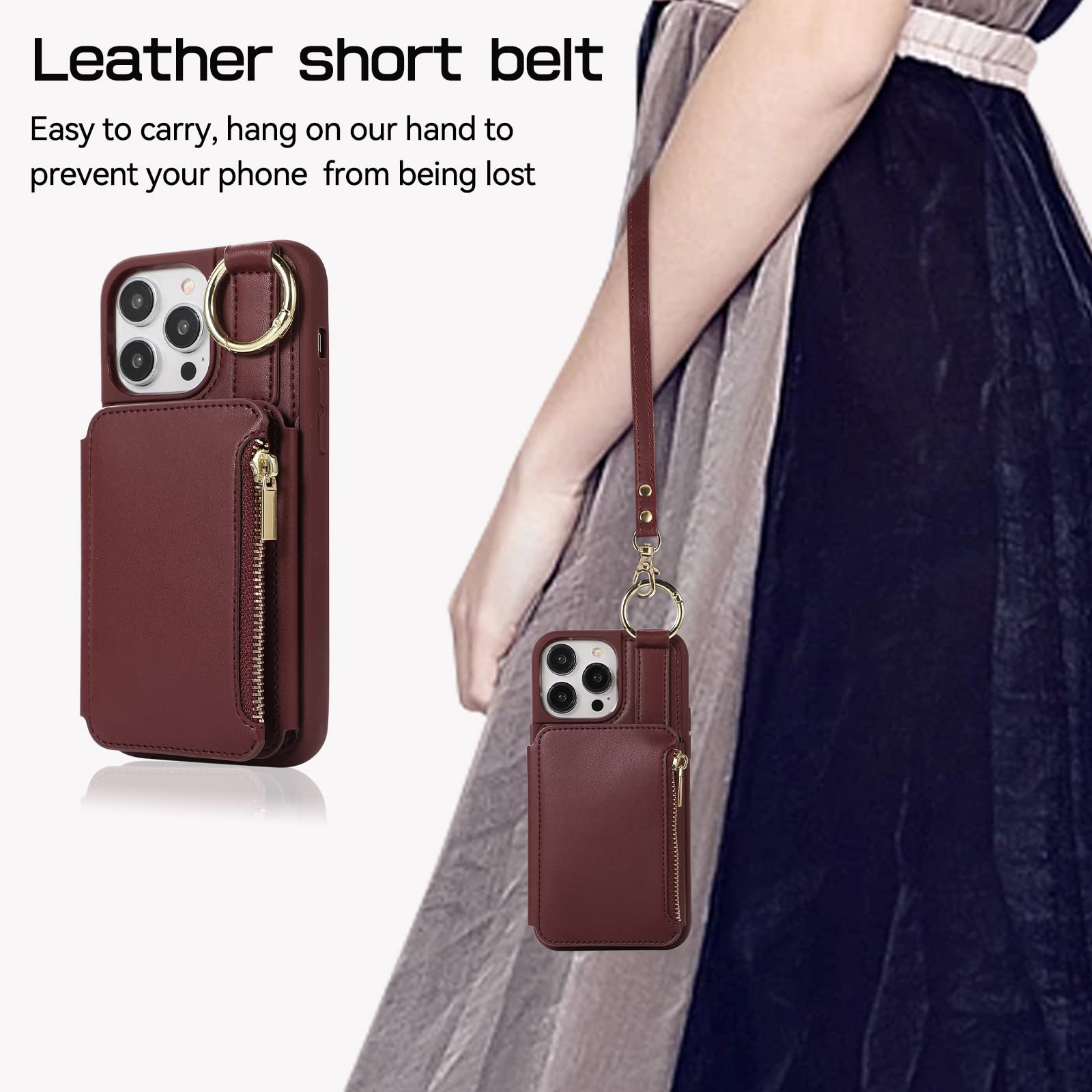 Furiet Wallet Case for iPhone 11 Pro 5.8 with Wrist Shoulder Strap Card Holder Ring StFlip PU Leather 6+ Slots Zipper RFID Blocking Phone Cover for iPhone11pro iPhone11 i XI 11s 11pro Wine Red
