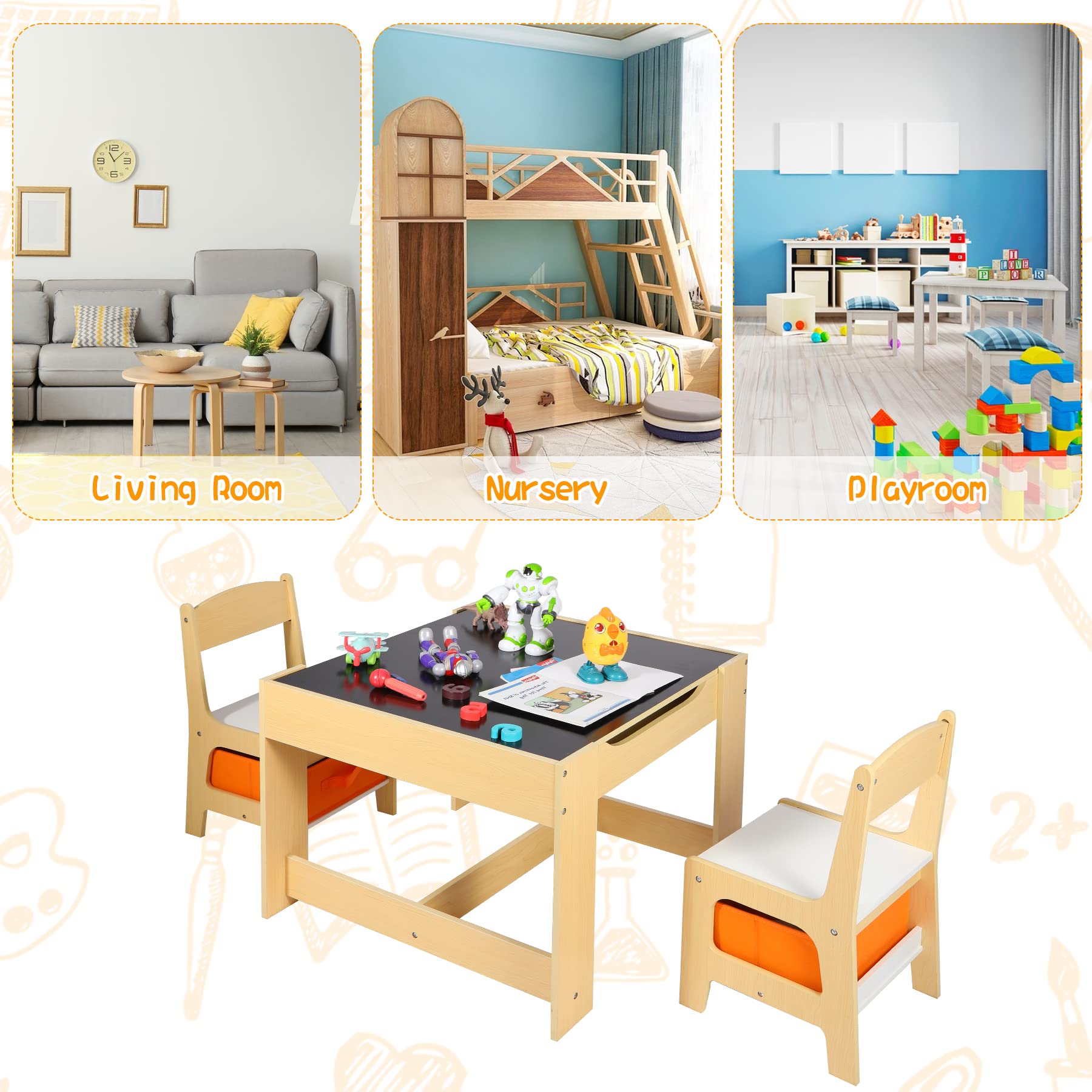 RedSwing Kids Table and Chair Set, 3 in 1 Wooden Childrens Craft Table with 2 Chairs Storage Drawers,Toddler Activity Art Table for Drawing,Reading,Playroom