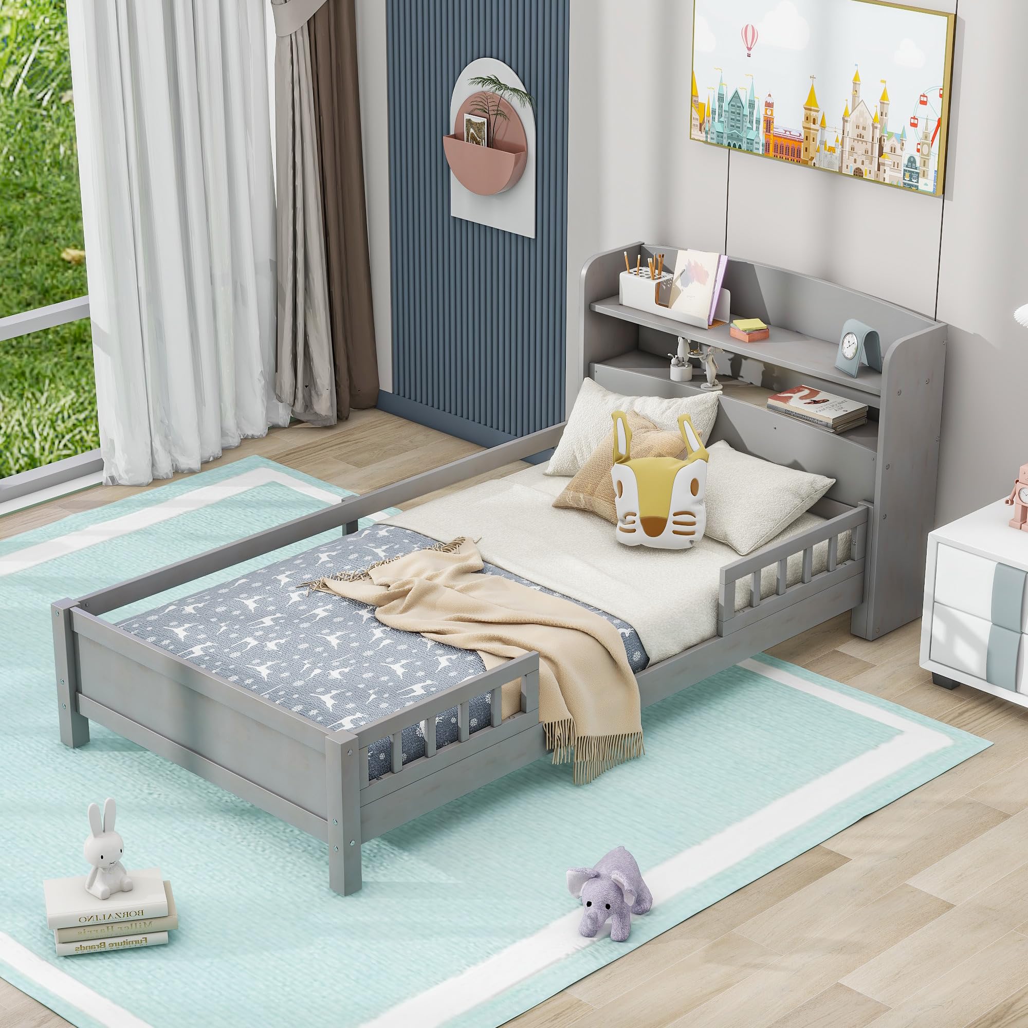 Fuhomtre Platform Bed with Storage Shelves,Built-in LED Light,No Box Spring Needed, Strong Frame and Wooden Slats Support,Easy Assembly
