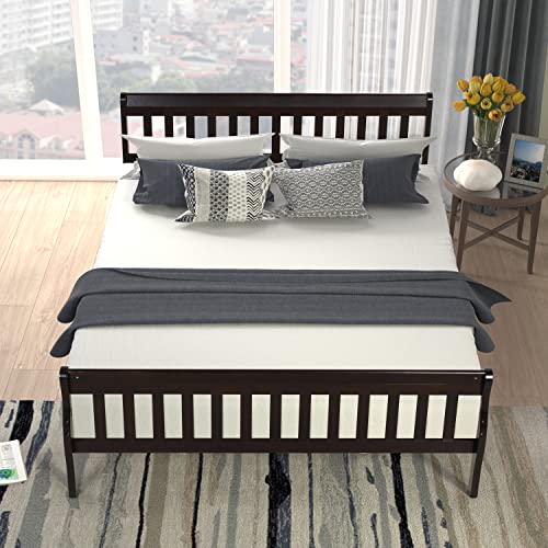Prohon Queen Platform Bed with Vertical Openwork Design Headboard & Footboard, Large Underbed Storage Space, Simple Style Wooden Bedframe for Kids Teen Adults, No Box Spring Needed, Espresso