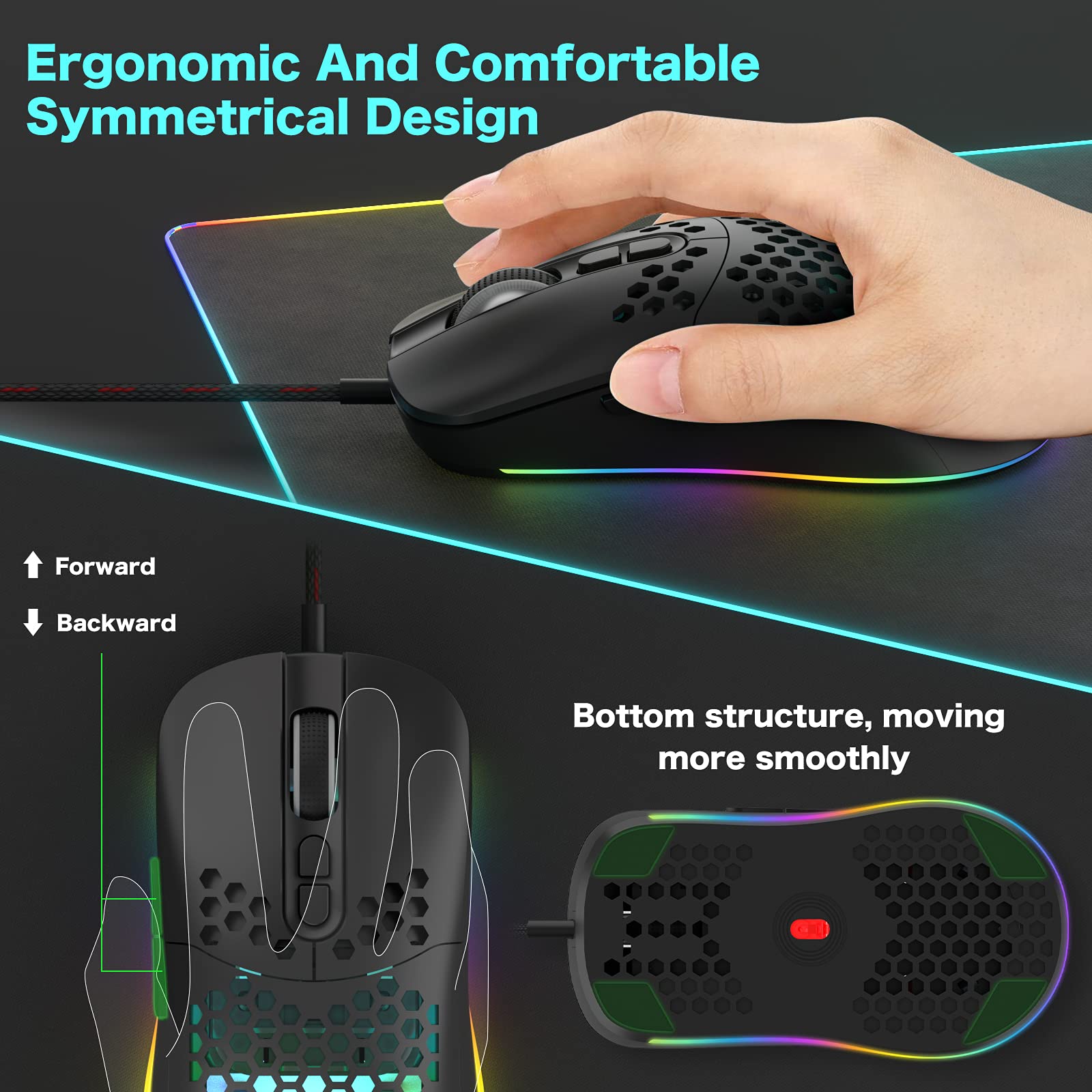K KOMOI RGB Honeycomb Wired Mouse, Ultra Lightweight LED Wired Computer Mouse with 7 Buttons, Ergonomic USB Mouse for PC, Laptop, Computer Gamers (Black)