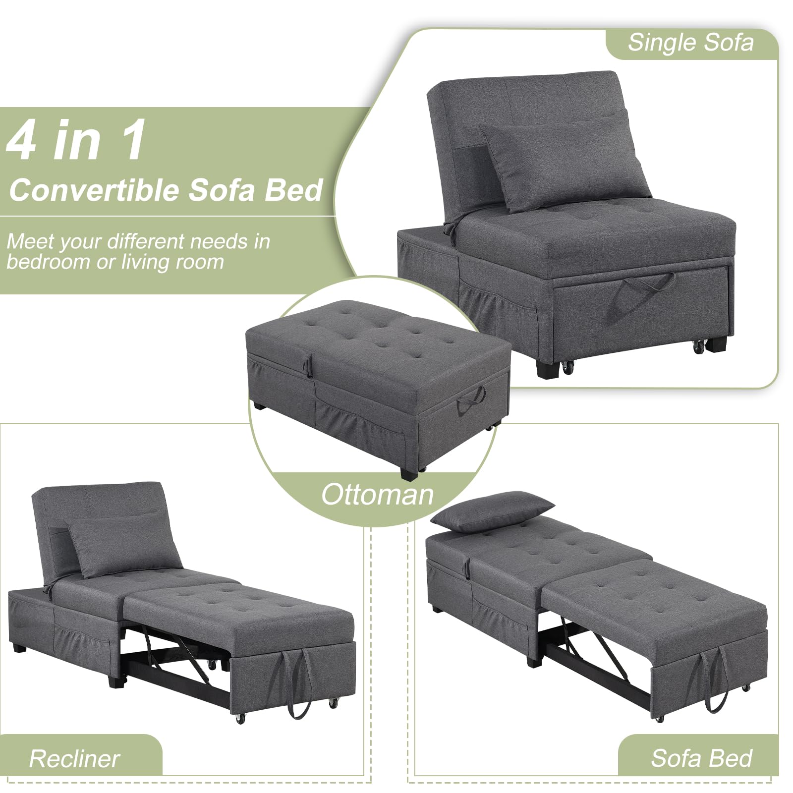SENIFIS Sofa Bed Chair, 3-in-1 Convertible RV Sleeper Chair Bed with Adjustable Backrest & Pillow, Modern Faux Leather Pull Out Sofa Bed for RV, Small Space, Living Room, Office (PU Black)